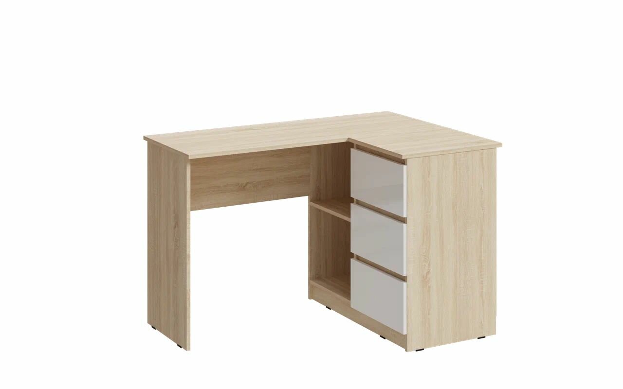 Стол компьютерный, письменный Челси угловой с ящиками, 130х90.4х76.8 см, Дуб сонома/Белый глянец
