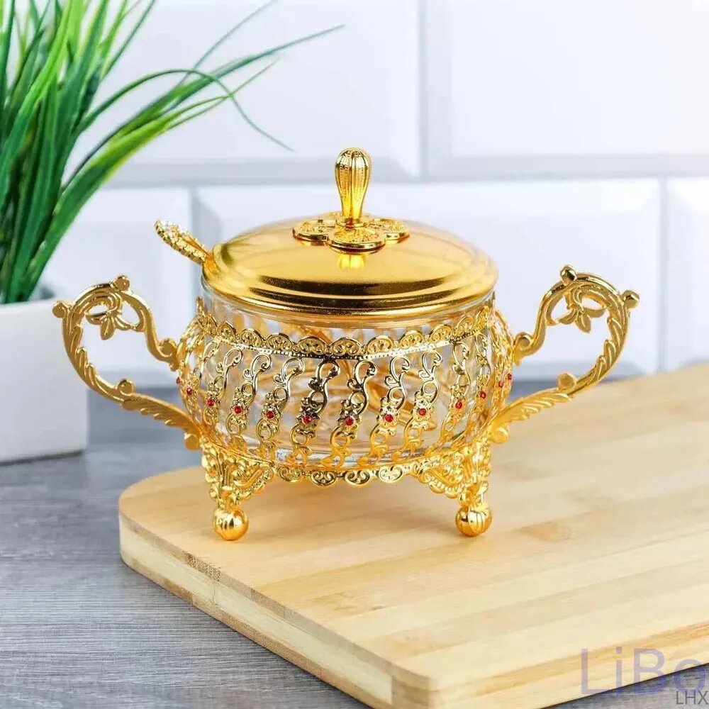 Сахарница Винтаж с крышкой и ложкой, 1 шт, 200 мл, Золотистая, Нержавеющая сталь, Стекло