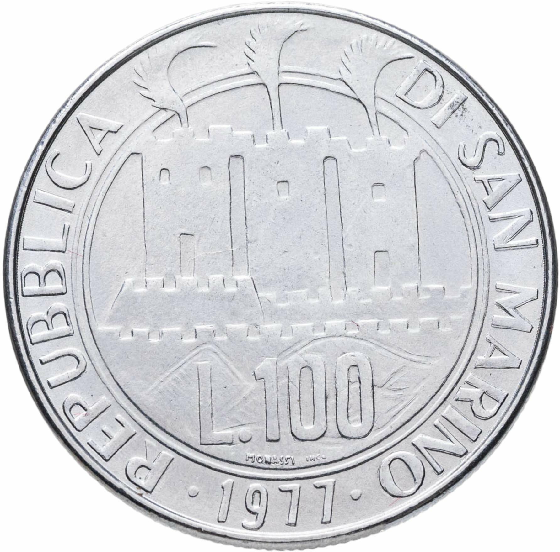 Сан-Марино 100 лир (lire) 1977 Экология - кольцо из звёздочек на реверсе