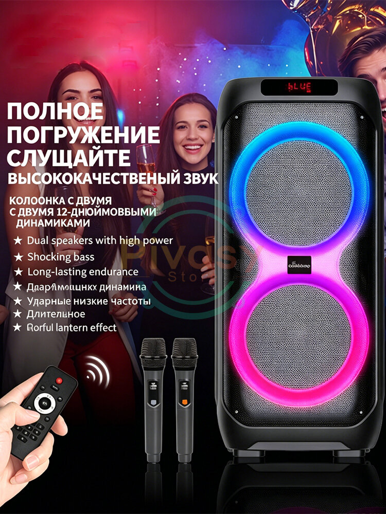 Динамик Bluetooth мощностью 60 Вт, Двойной 12-дюймовый НЧ-динамик, аккумулятор емкостью 6000 мАч, 2 микрофона для улицы