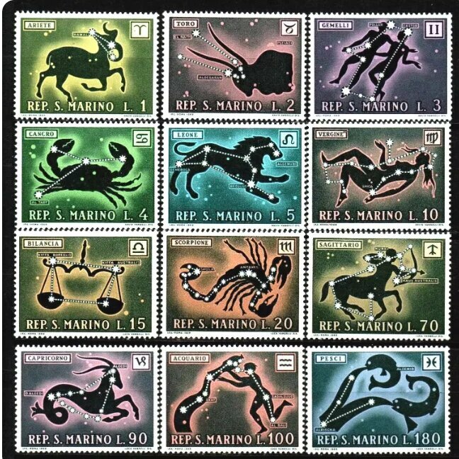 Новые почтовые марки Сан-Марино 1970 "Двенадцать знаков зодиака", набор из 12 штук