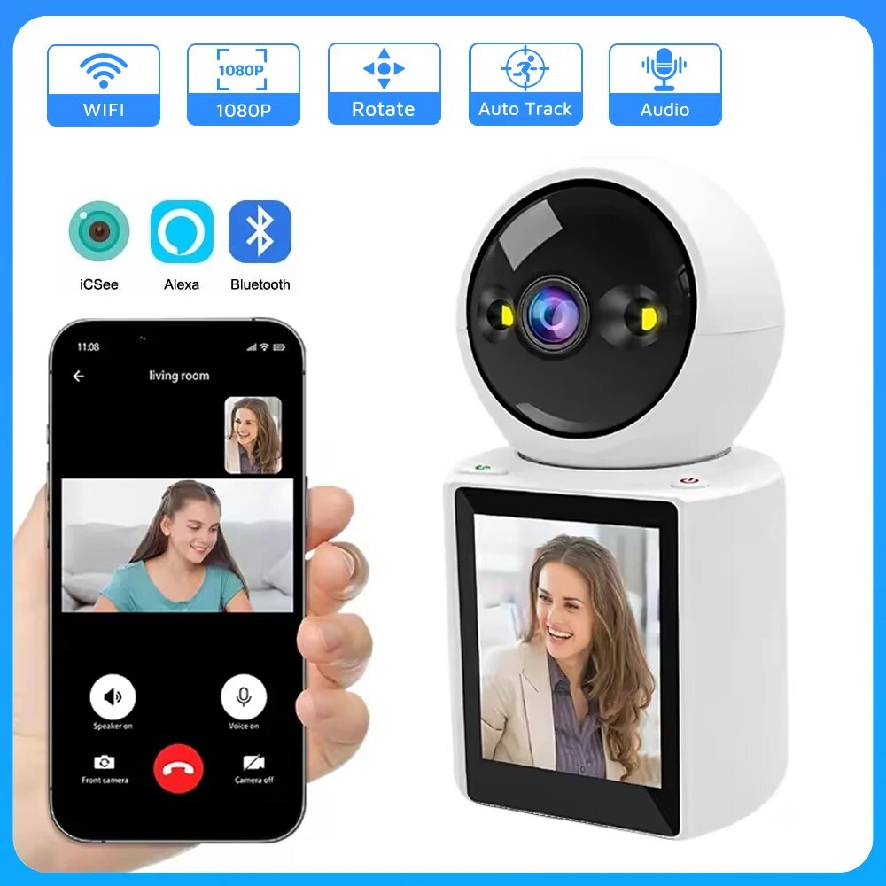 Камера IP PTZ Wi-Fi 1080P для помещений с двусторонним видеозвонком и экраном IPS диагональю 2,8 дюйма, монитор для малыша, видеонаблюдение CCTV, P2P, приложение iCSee-