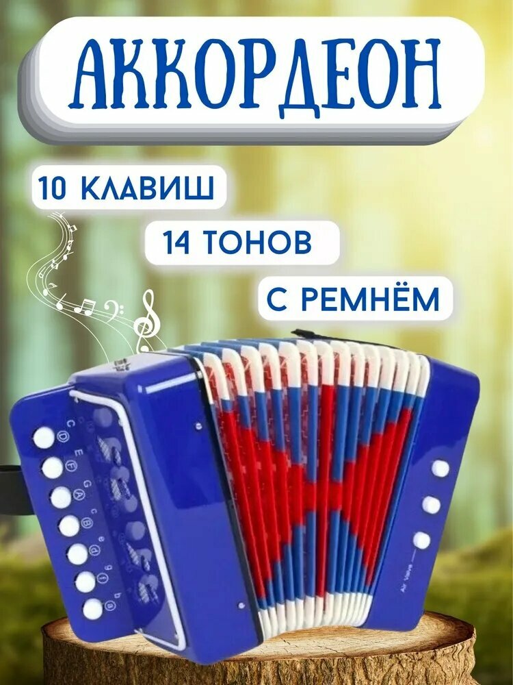 Детский музыкальный инструмент Аккордеон, 10 тонов, 14 звуков, от 3-х лет, 10 кнопок