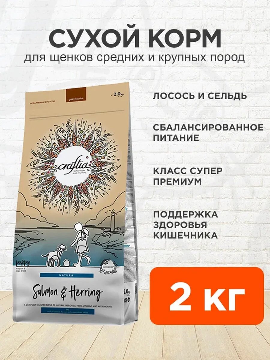 Корм сухой Craftia Natura Puppy Medium&Large Salmon&Herring для щенков средних и крупных, лосось и сельдь, 2 кг