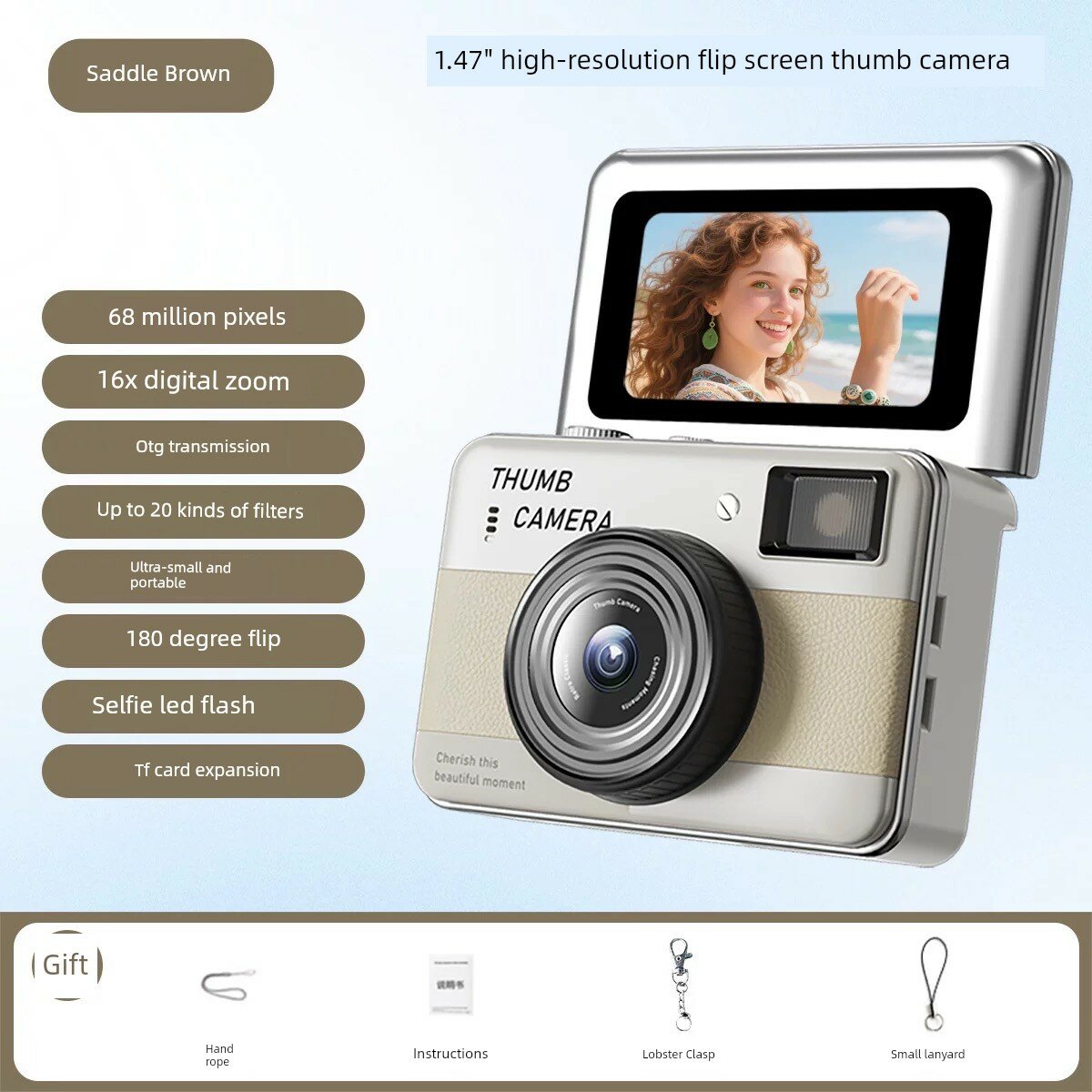 Мини-камера с поворотным экраном, 6800W HD, несколько фильтров, вспышка - 128 ГБ для Android/Apple телефонов