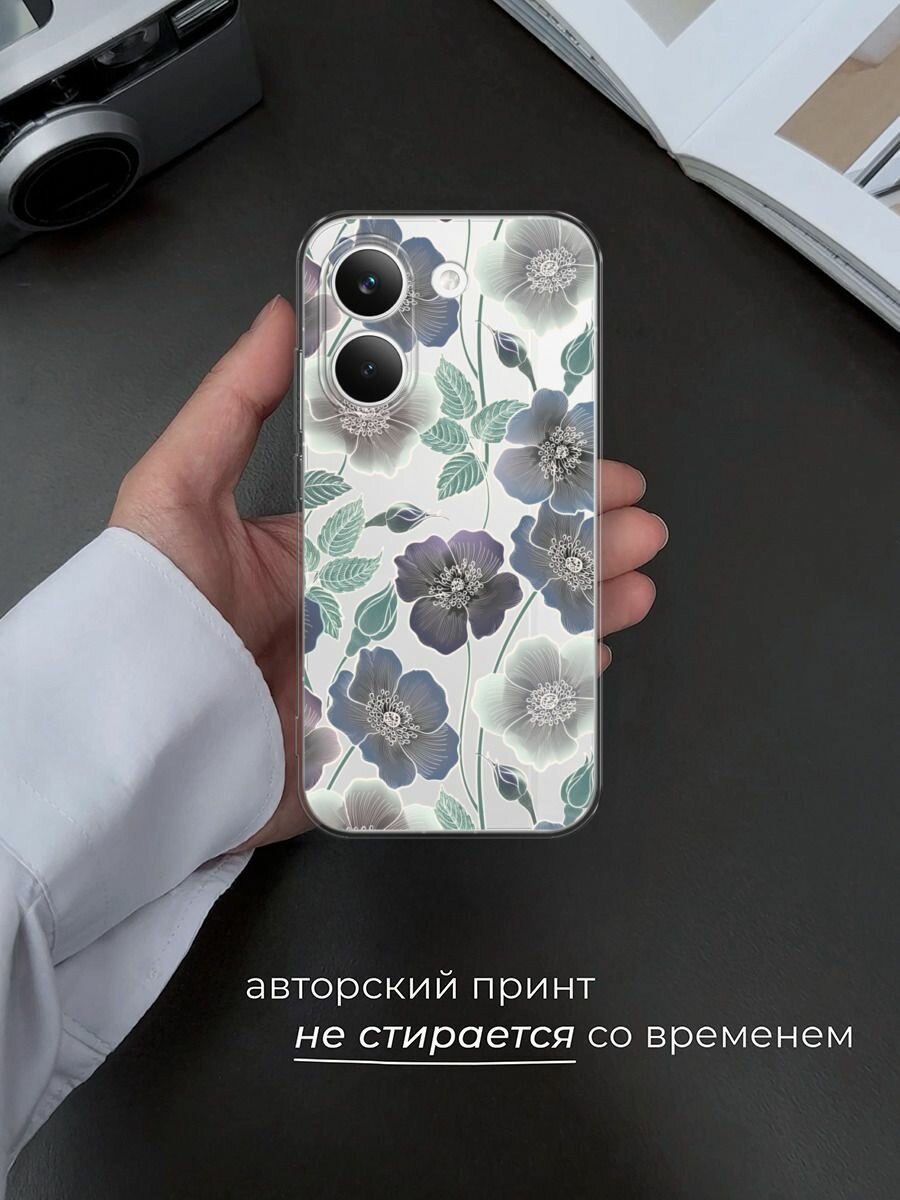 Чехол на Poco X8 Pro / Поко X8 Про с принтом Blue Flower, прозрачный — фото 1