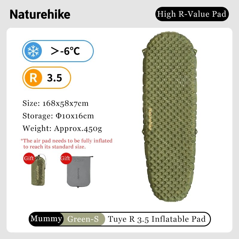 Naturehike Надувная кемпинговая матрас 3.5 R-Value Ультralight спальный подушка 20D Нейлон TPU Воздушный матрас для походов и альпинизма-Mummy G 168X58x7cm
