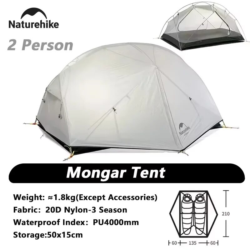Палатка для кемпинга Naturehike Mongar 2 ультralегкая наружная 3-сезонная водонепроницаемая из 20D нейлона для походов двухместная для рюккардеров — Серый