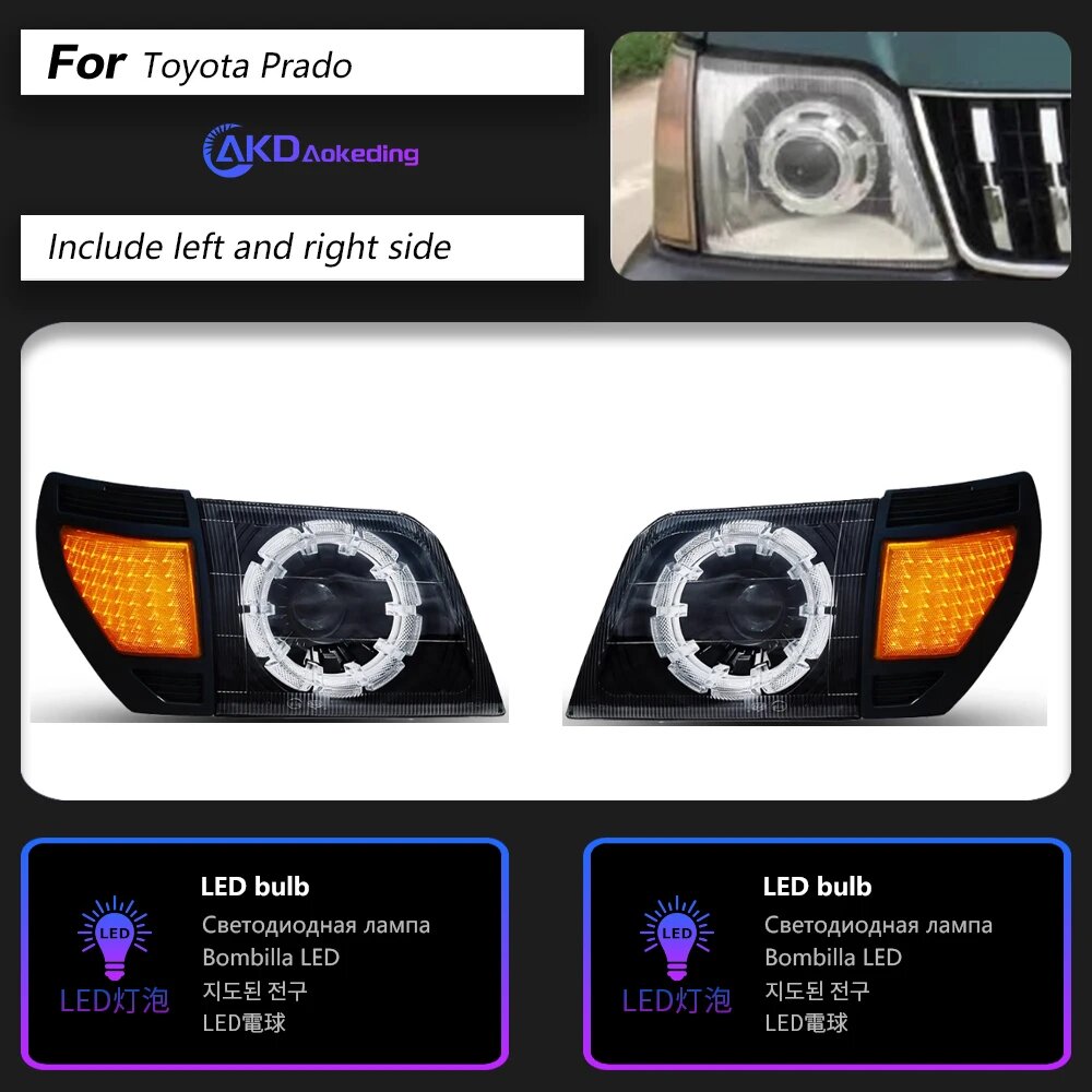 Фара AKD для Toyota Prado LC95 LED-фара 1996-2002 года выпуска Фары LC95 Дневной ходовой огонь Поворотник Основной фара Ангельские глаза Проекторная линза