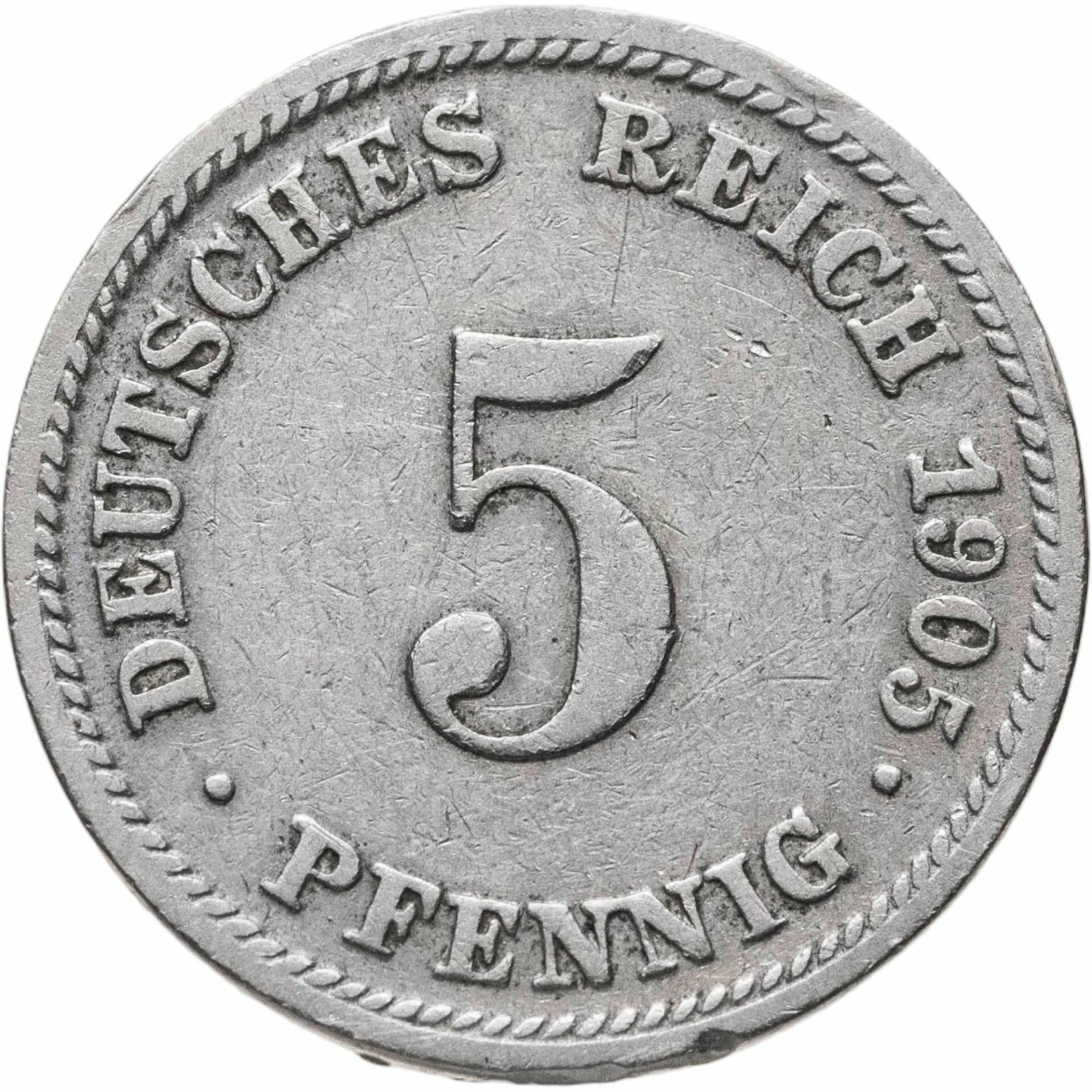 Германия 5 пфеннигов pfennig 1905 D знак монетного двора: "D" - Мюнхен, Мельхиор медь-никель, в сохранности VF