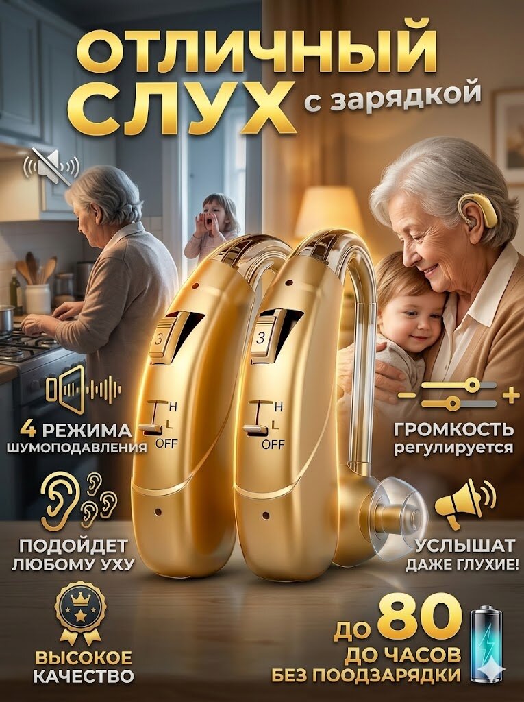 Накладной слуховой прибор с зарядным устройством для пожилых и взрослых