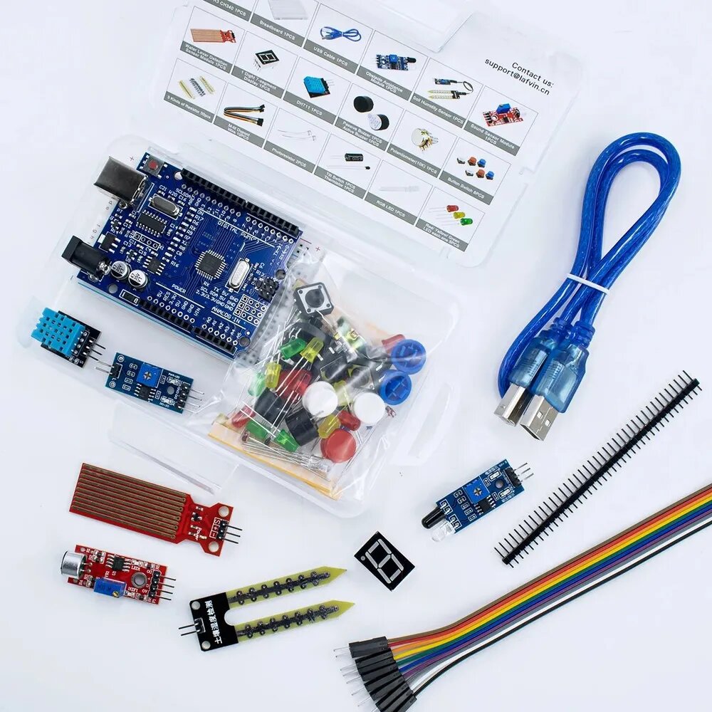 Стартовый набор Arduino UNO R3 (CH340) с макетной платой в подарочной коробке. Полный комплект для начала программирования и электроники. Совместим с Arduino IDE