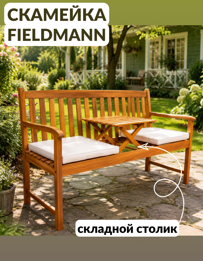 Скамейка садовая 3х местная Fieldmann FDZN 4020-T, со кладным столиком