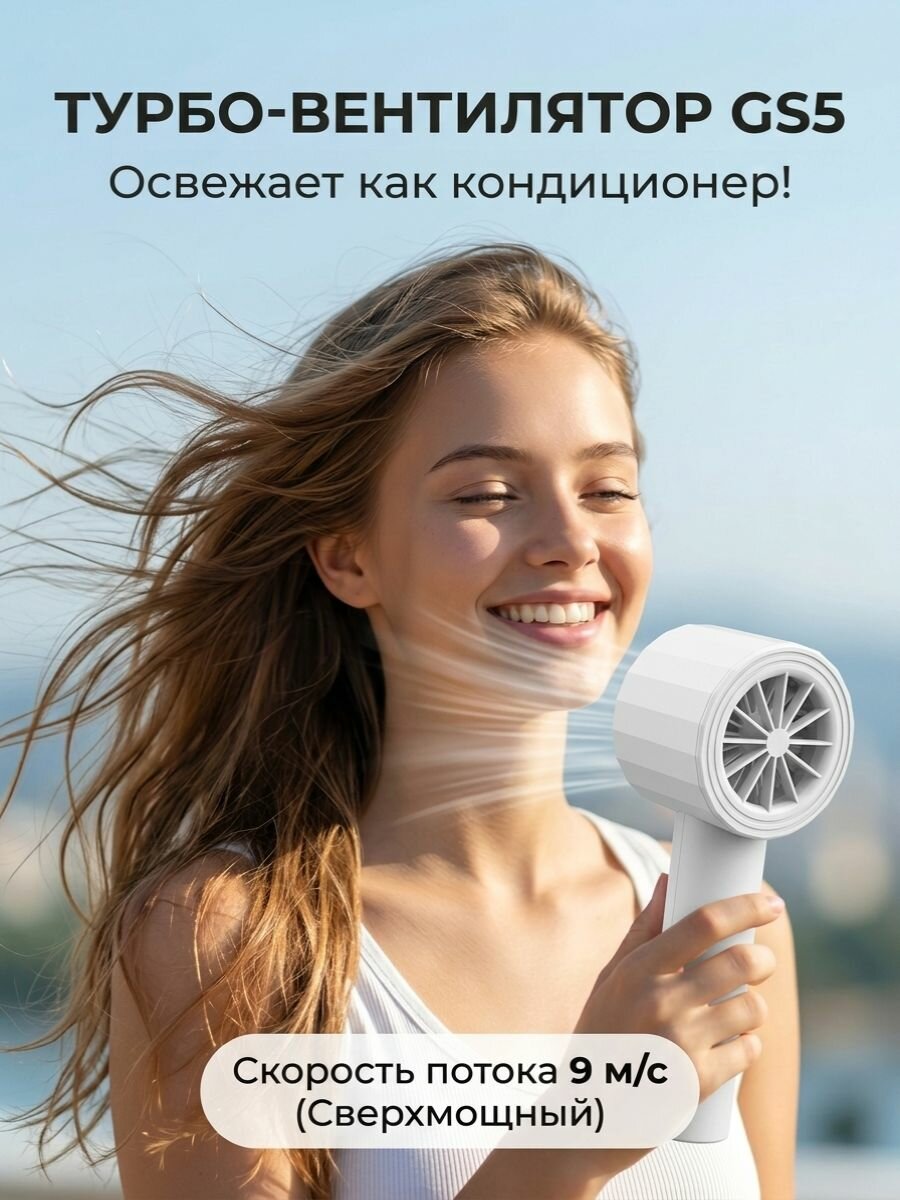 Вентилятор портативный мощный турбо ручной GS5, мини кондиционер бесшумный с дисплеем USB, аккумуляторный обдув для лица и дома