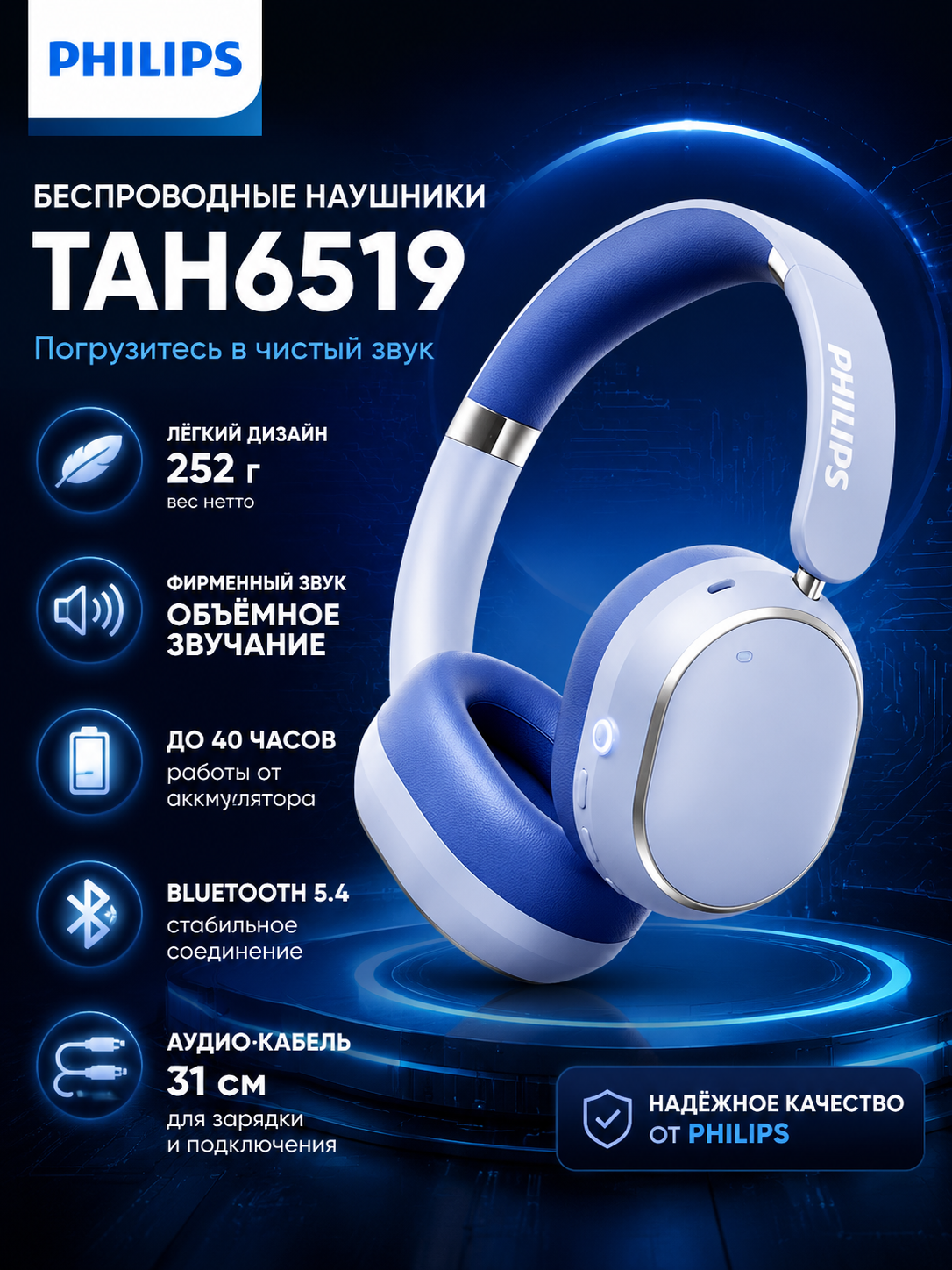 PHILIPS TAH6519 Наушники накладные с ANC шумоподавлением -56dB, Bluetooth 5.4, LDAC, 80 часов работы, 40 мм драйвер