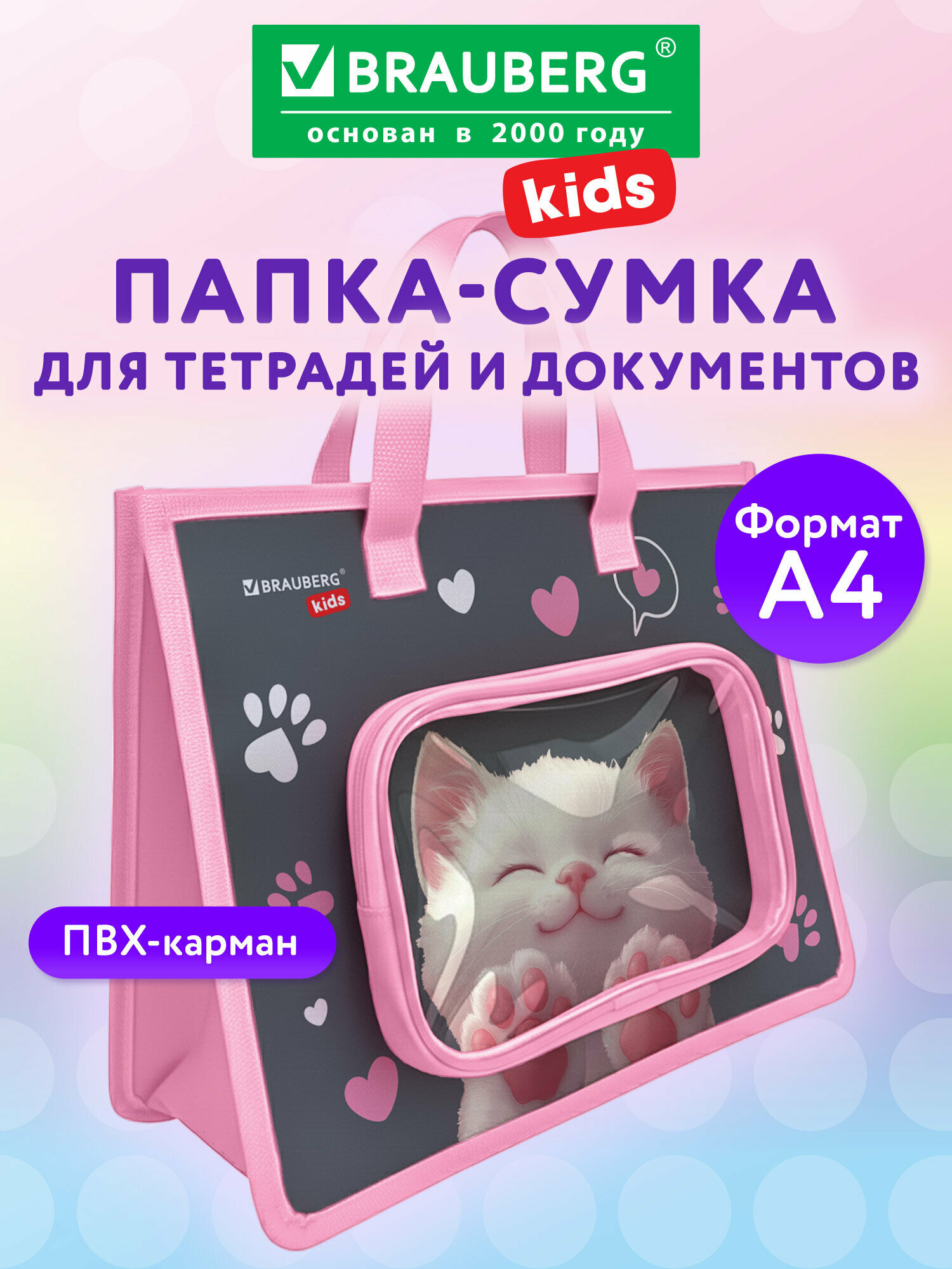 Папка сумка для тетрадей, труда, рисования и изо А4 для девочки с ручками для школы, 1 отделение, Brauberg Kids, 274527