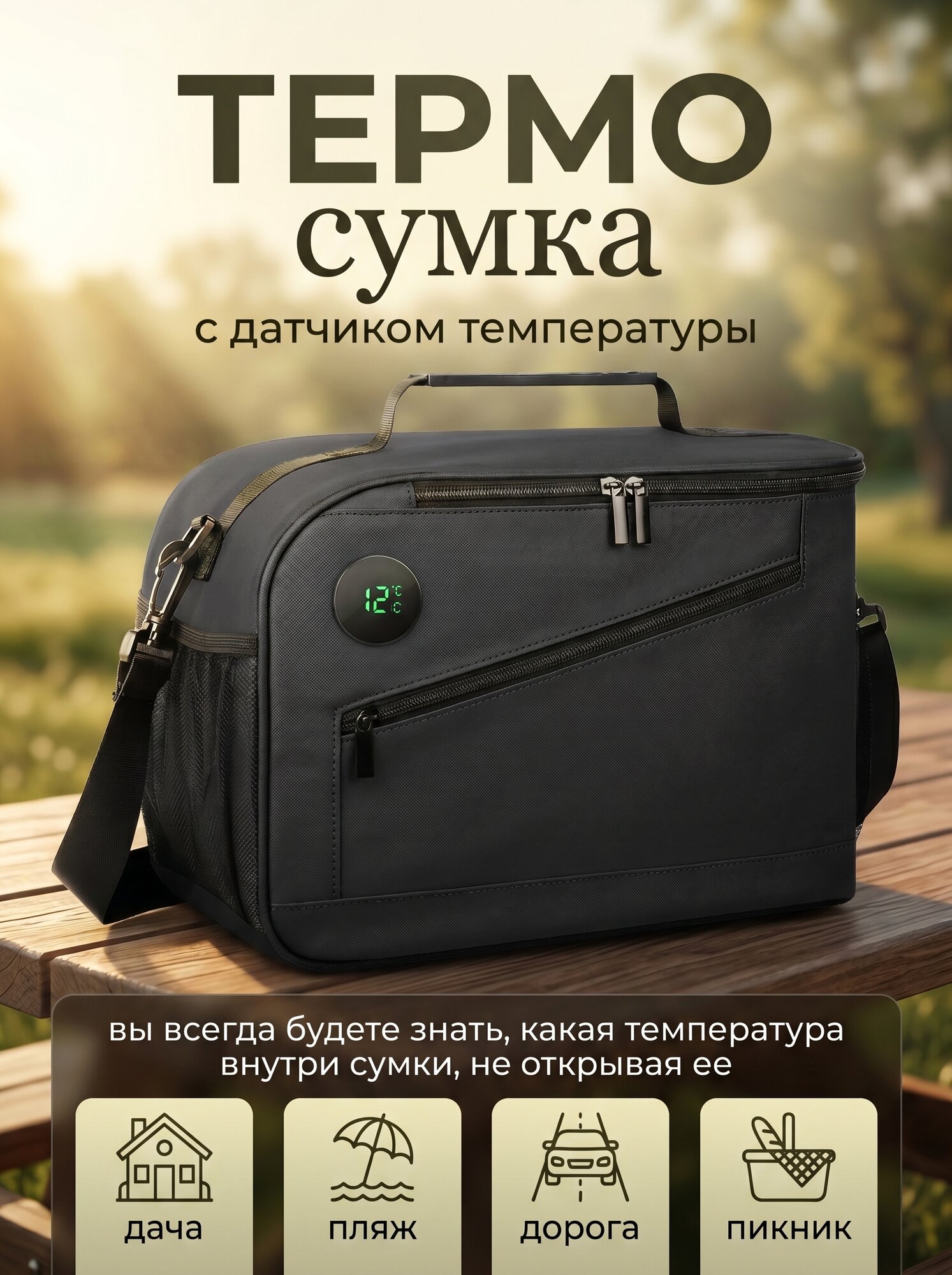 Термосумка холодильник компактная с дисплеем температуры для пикника, дачи, поездок