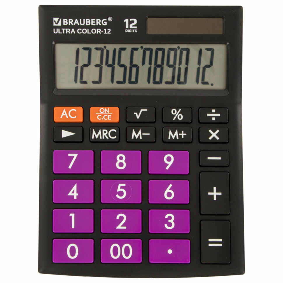 Калькулятор настольный BRAUBERG ULTRA COLOR-12-BKPR (192x143 мм), 12 разрядов, двойное питание, черно-фиолетовый, 250501, 250501