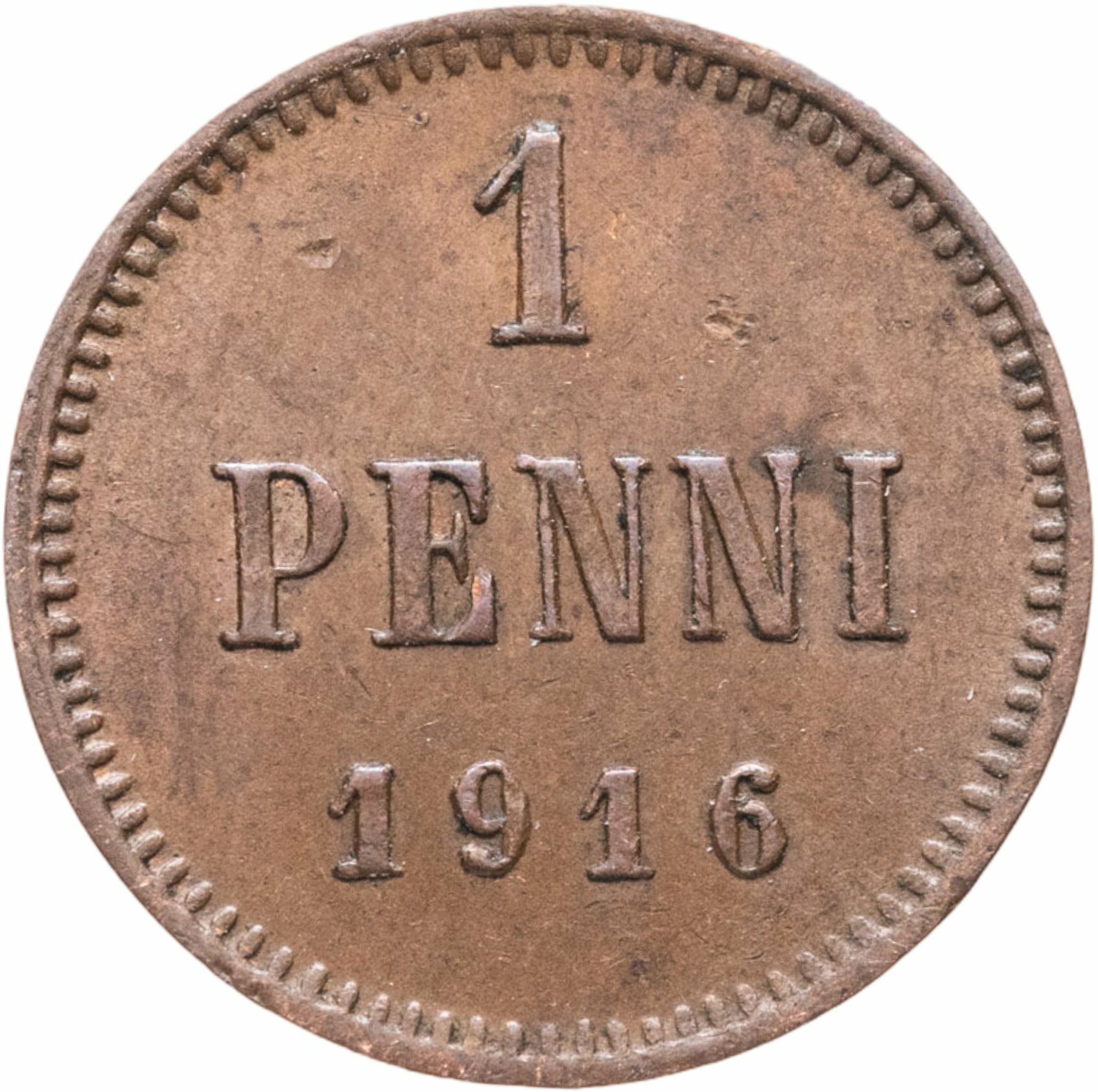 1 пенни penni 1916 Российская Финляндия, Медь, в сохранности XF-AU