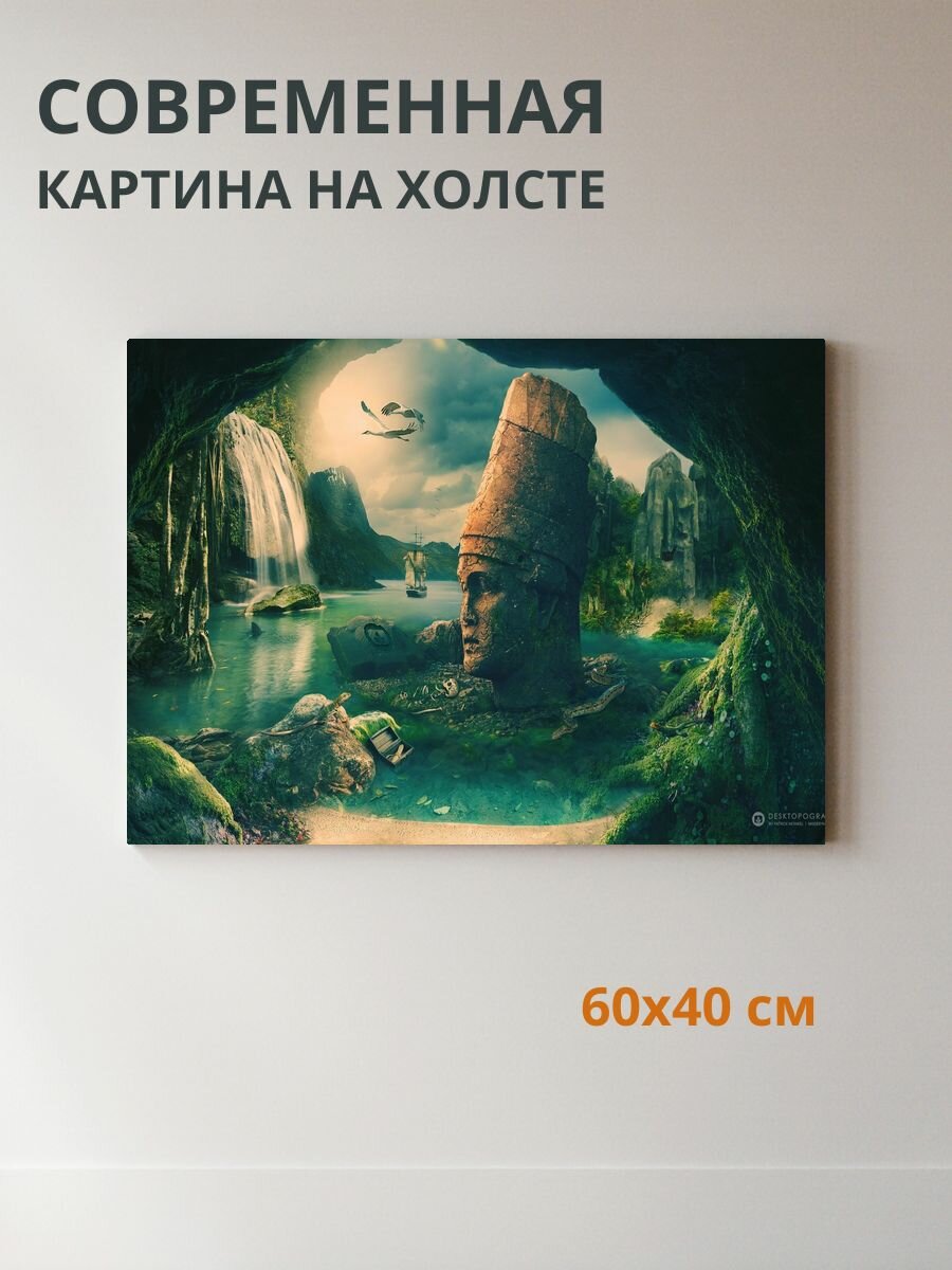 Картина на холсте Тики-статуя и водопад 60x40 см