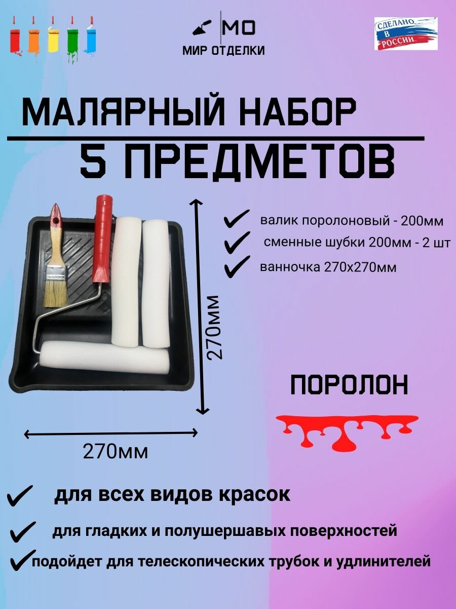Набор малярный Мир отделки, валик 200 мм, поролон, дополнительные насадки