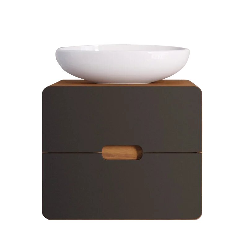Тумба с раковиной 1MarKa Vortex подвесная, 60 см, со столешницей, серая, светлое дерево, матовая, с отверстием под смеситель, из МДФ, с ящиками, раковина для ванной, фарфоровая, овальная