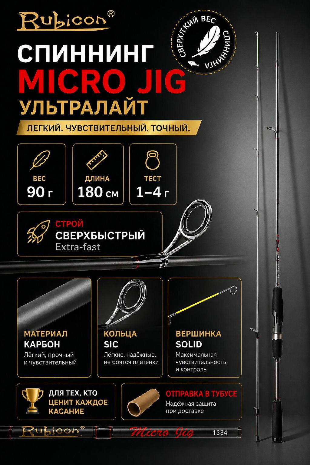 Спиннинг для микроджига RUBICON Micro Jig, 1.80м, 1-4г, удилище ультралайт для рыбалки на хищника