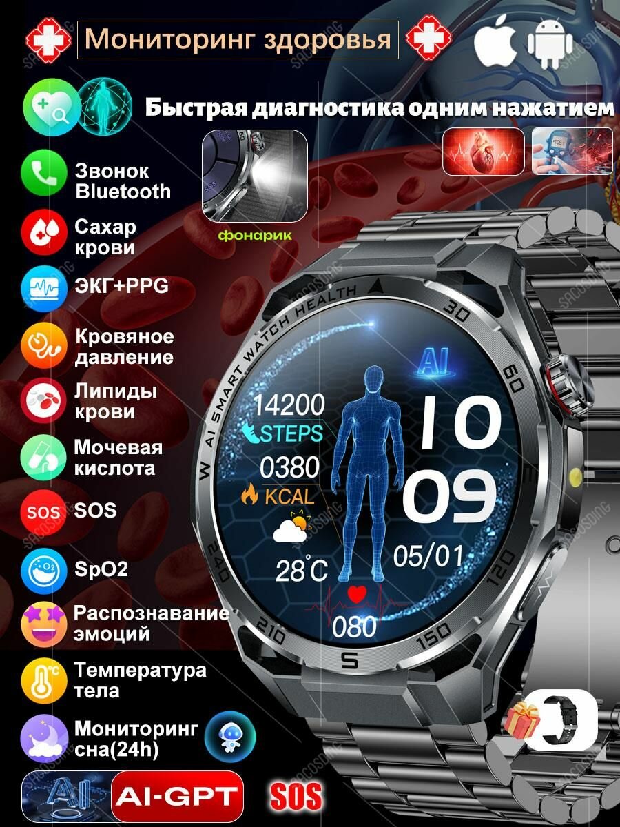 AI Cмарт часы наручные мужские круглые с экг+HRV, с фонариком, фитнес браслет женский с измерением сахара в крови