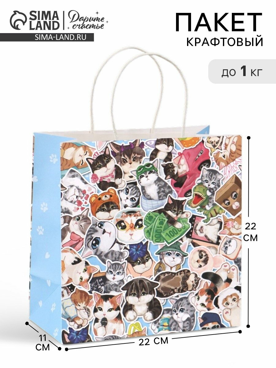 Пакет подарочный "Котики", 22x22x11 см, тематика: животный мир