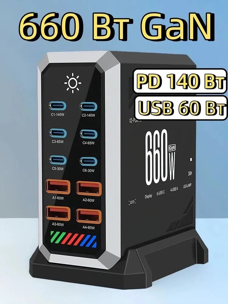660 Вт Gan 10-ми портовый настольный зарядник, PD 140 Вт, USB 60 Вт