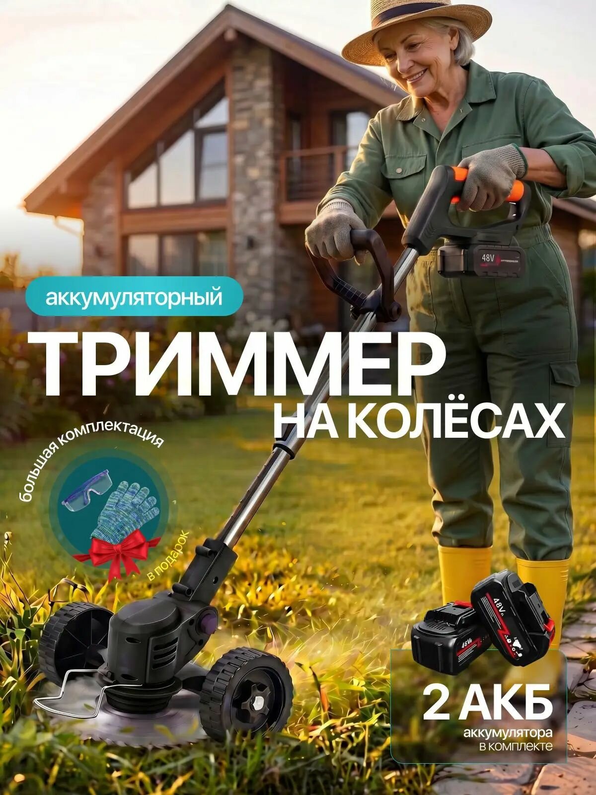 Садовый триммер аккумуляторный для травы на колесах , 2 аккумулятора 48В-yw