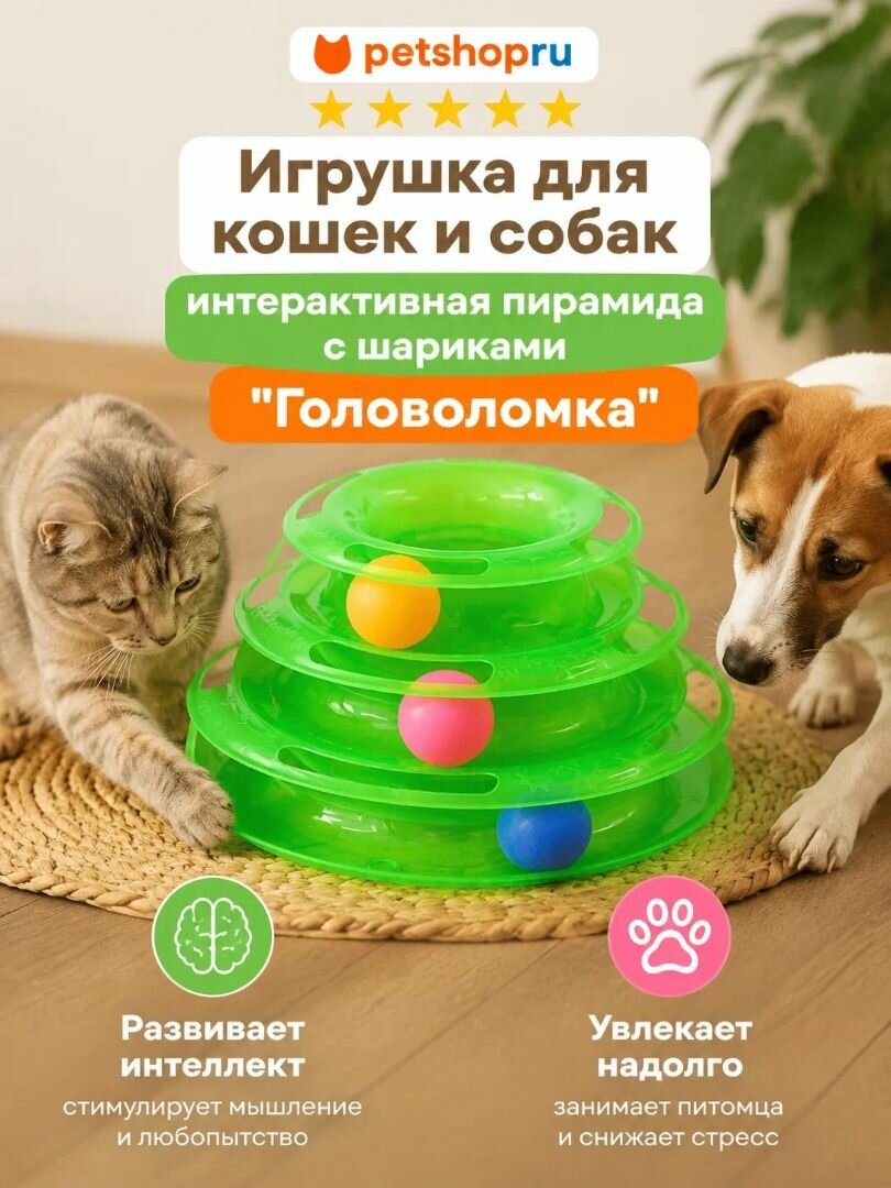 PETSHOP Игрушка для кошек и собак интерактивная пирамида с шариками "Головоломка"