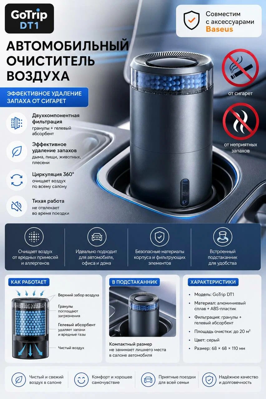 Автомобильный очиститель воздуха от неприятного запаха и формальдегида Baseus GoTrip DT1, гранулы+гель/Черный