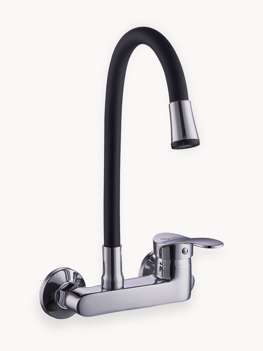 Смеситель для кухни настенный PLStart PD46001-7, с гибким изливом, хром/черный