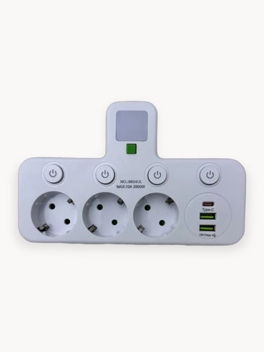 Тройник-разветвитель, 3 розетки, 2 USB, 1 Type-C порт, функция ночника