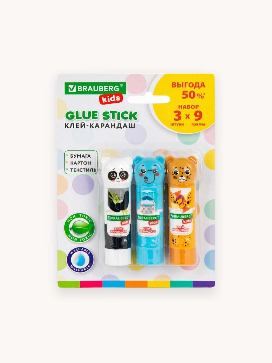 Клей-карандаш канцелярский для бумаги и картона, набор 3 штуки по 9 г, фигурный колпачок, Brauberg Kids Зверята, 272473