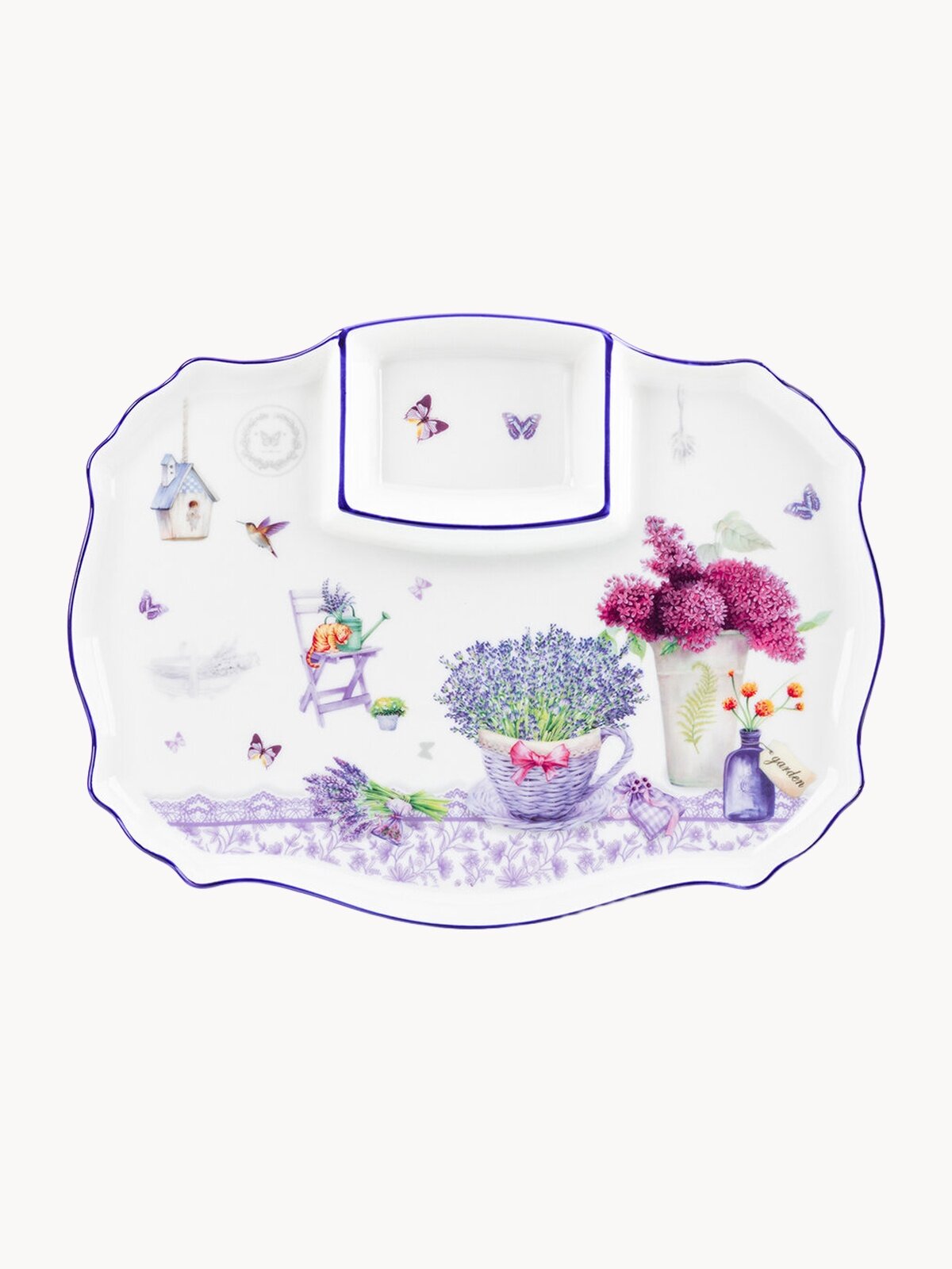 Блюдо для шашлыка севировочное 28*21*2,3 см Elan Gallery "Лаванда" с соусницей, NEW BONE CHINA