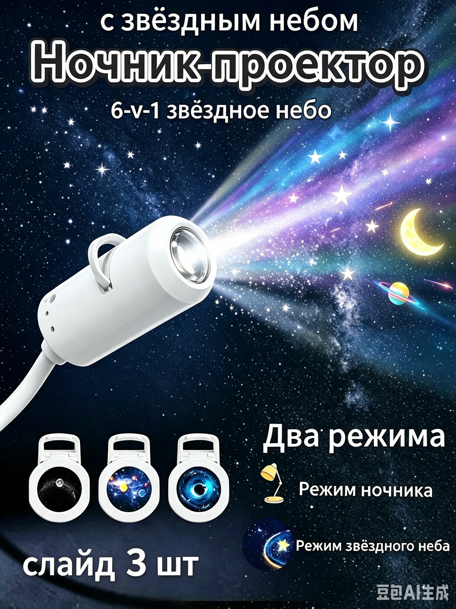 Мини-проектор , ночник с проекцией звёздного неба, 5 Вт, белый