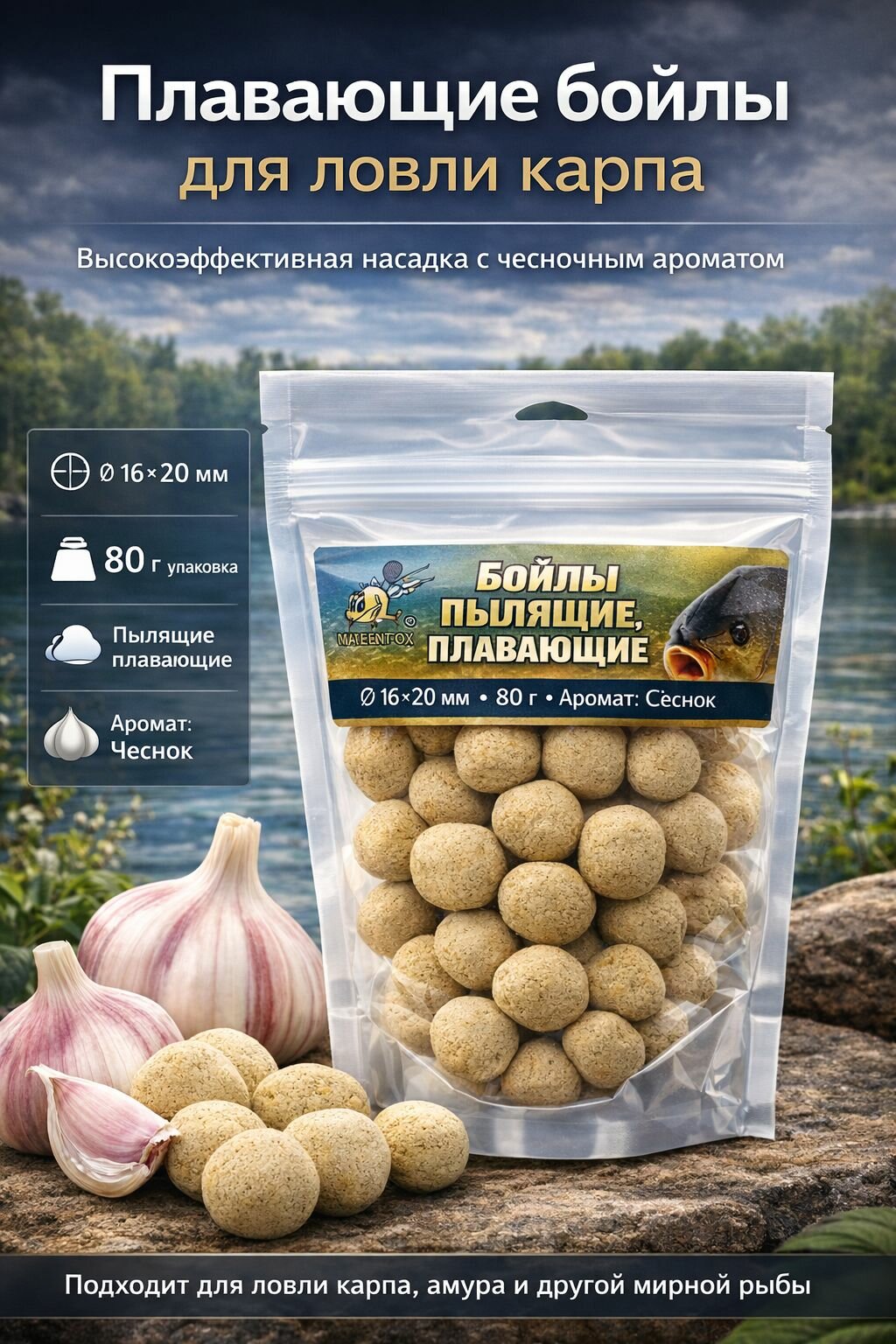 Бойлы пылящие, плавающие - Чеснок 80гр, d-16х20мм