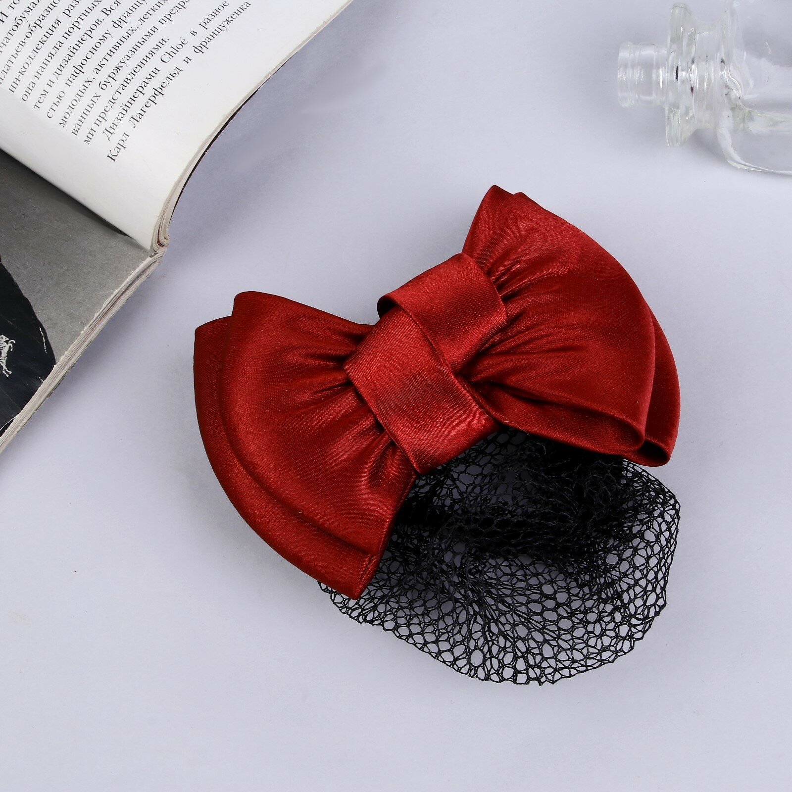 Заколка - автомат для волос «Бантик», с сеточкой для пучка, d=10 см, бордо