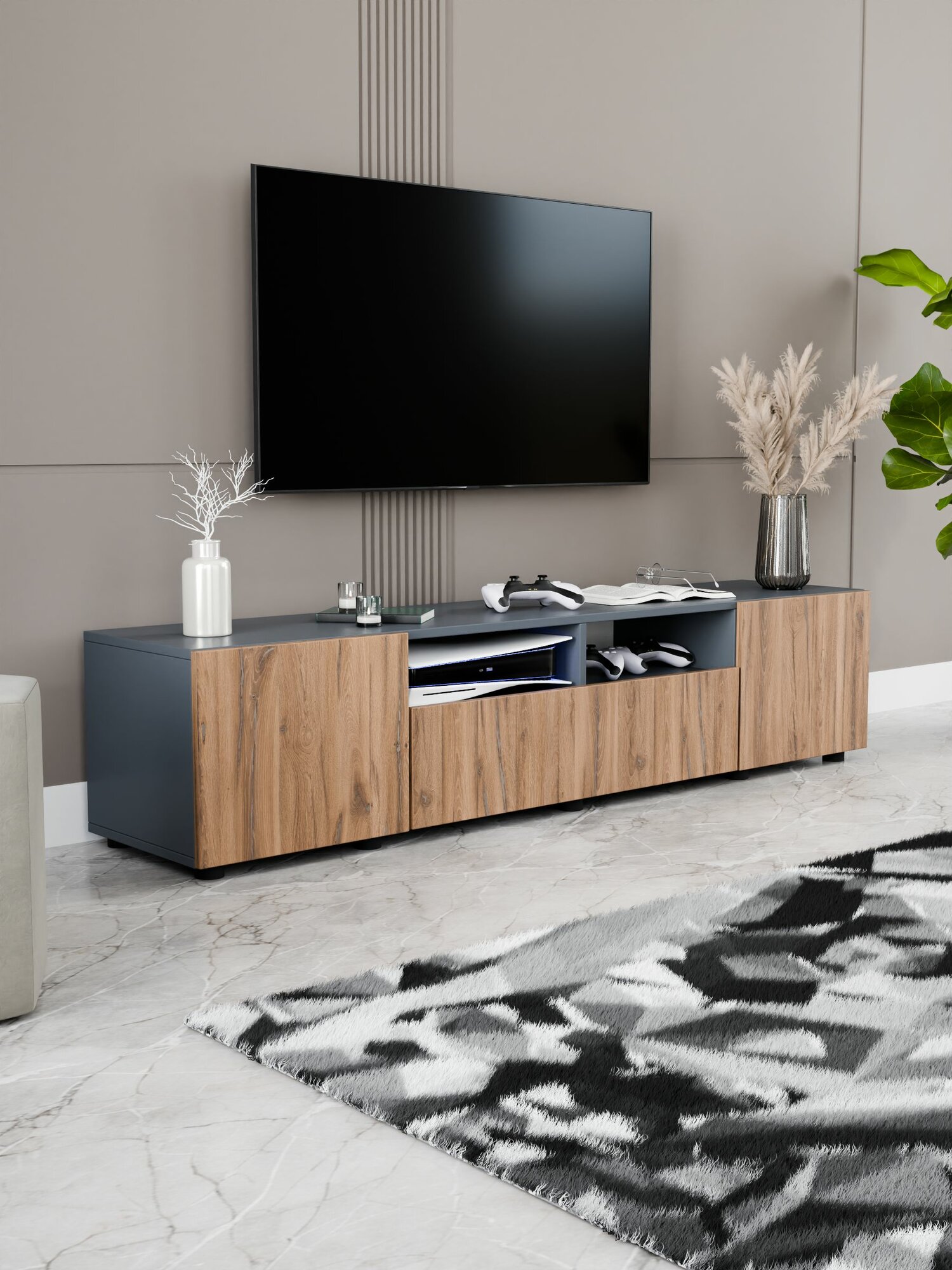 Тумба под телевизор горизонт 160х37.8х36.3 см, графит/ дуб крафт табачный