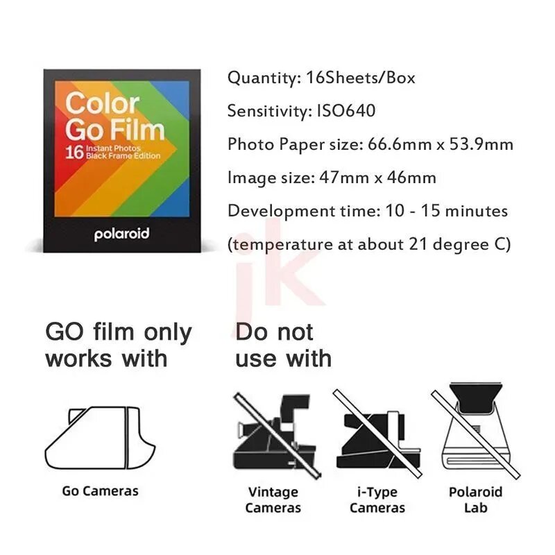 Фотопленка Polaroid Color Film Go Film Black Frame для Polaroid Go Camera 16 кадров, цветная, размер кадра 66,6 х 53,9 мм — фото 1