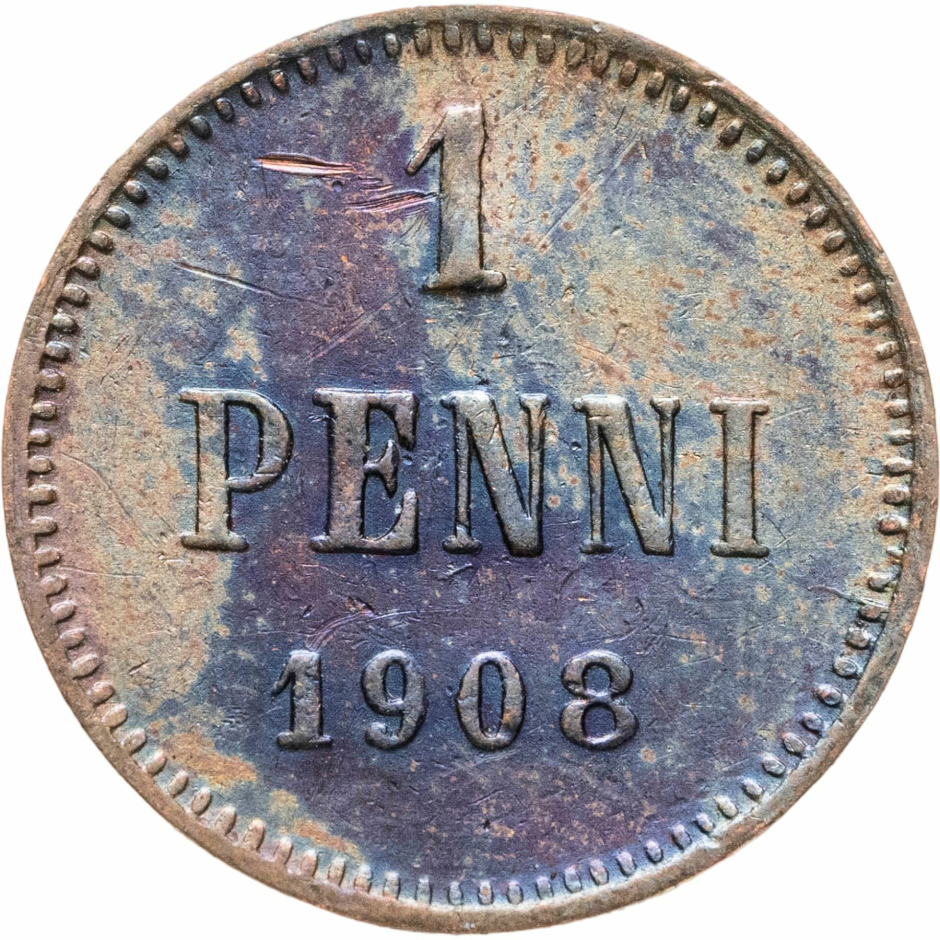 1 пенни penni 1908, монета для Финляндии, Медь, в сохранности XF