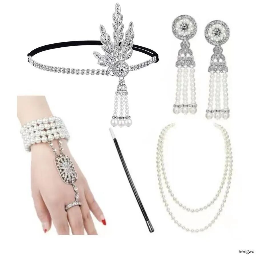 Набор аксессуаров Гэтсби 5 шт. Акрил. Для женщин. Серый металлик, для вечеринки в стиле Гэтсби