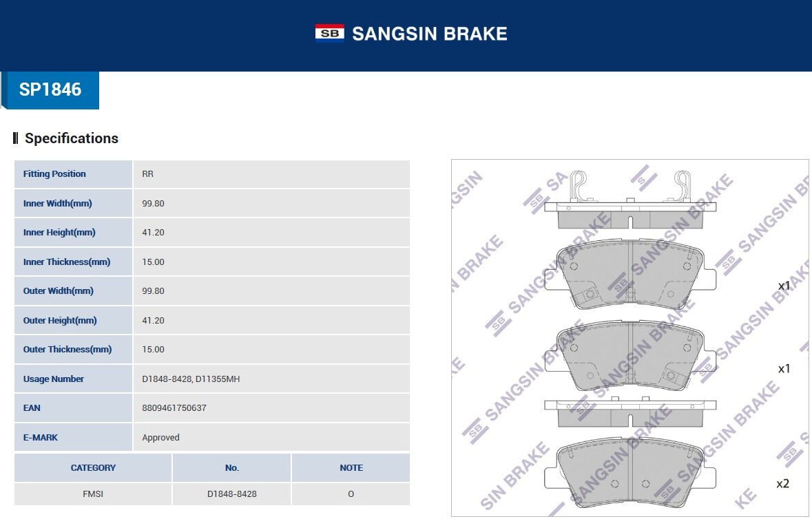 Колодки задние HYUNDAI Tucson SANGSIN BRAKE SP1846