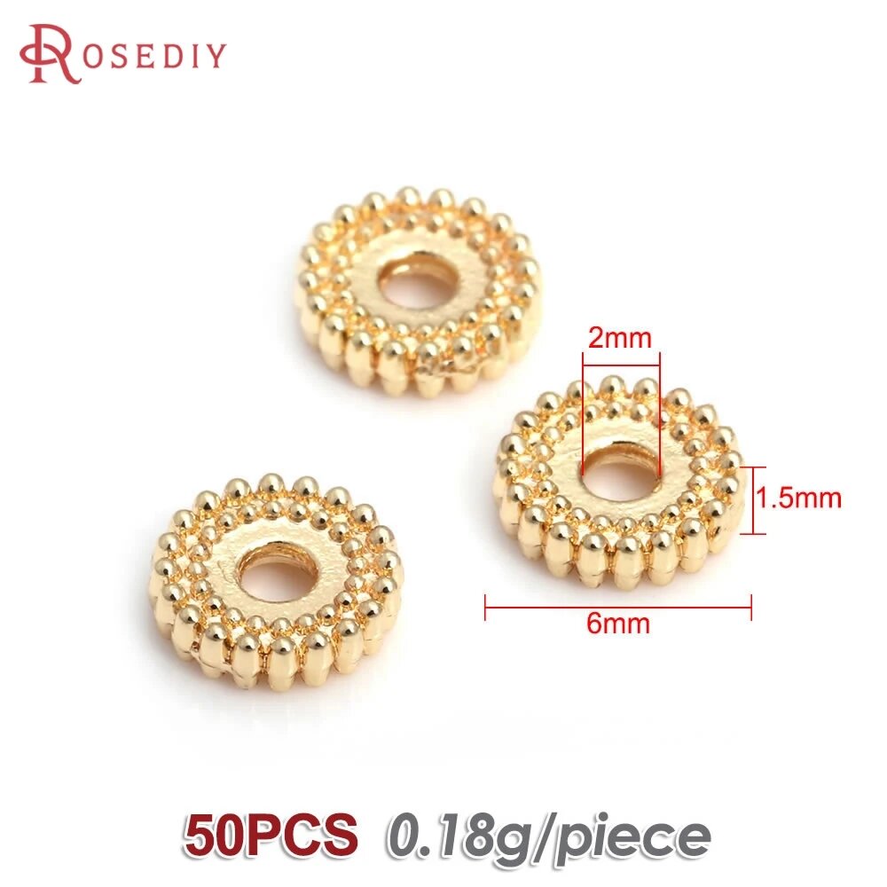 Rosediy Закладки для браслетов, 6 мм, 18K Gold Color, 50 шт