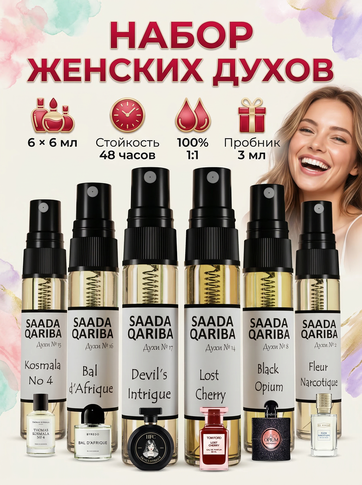 Подарочный парфюмерный набор женский (2,8,14,15,16,17) SAADA QARIBA 6 шт по 6 мл