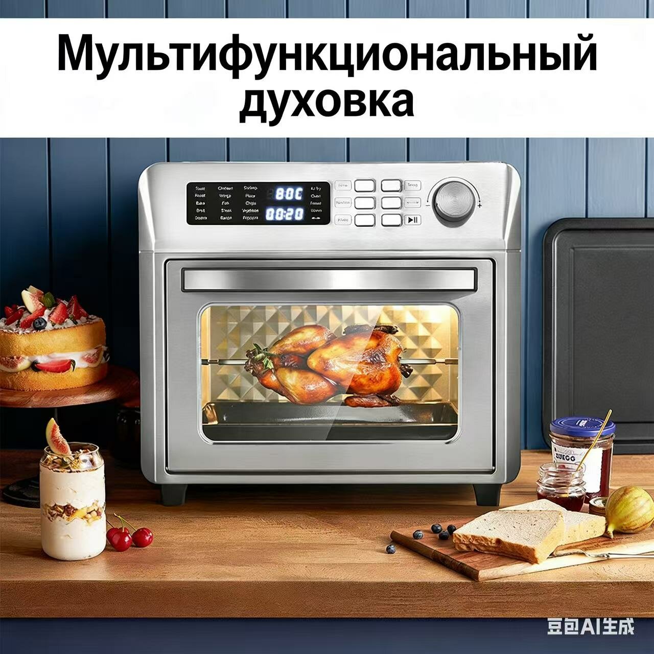 Аэрофритюрница-гриль объемом 26 л с поворотом на 360 градусов, мощность 1600 Вт, дополнительный гриль, решетка для гриля, противень-гриль