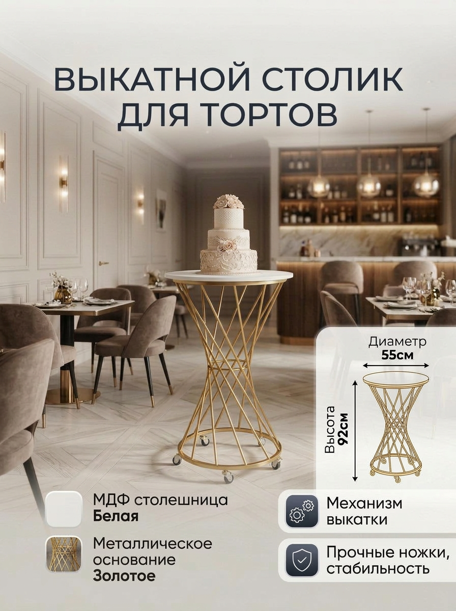 Стол выкатной, для торжественных событий, ножка золото, столешница МДФ