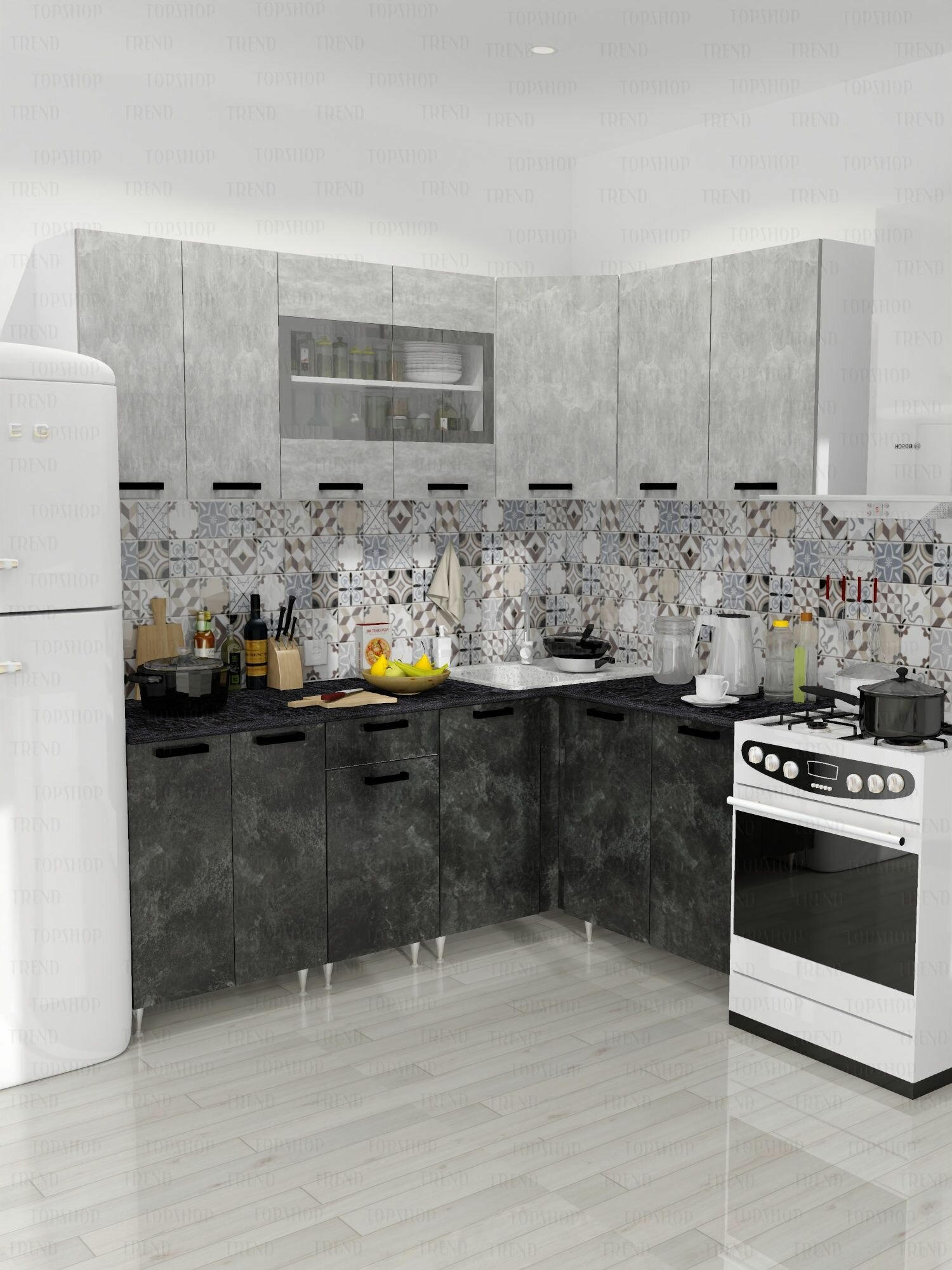 Кухонный гарнитур 200х140 см, Бетон /Кастилло